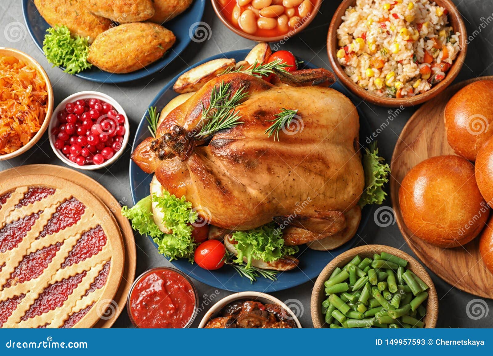 Traditional Festive Dinner with Delicious Roasted Turkey Served on ...