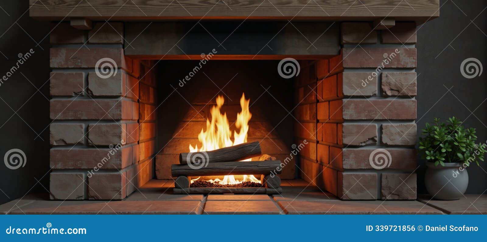 Traditional Fireplace Scene Featuring Roaring Fire On Empty Mantelpiece ...