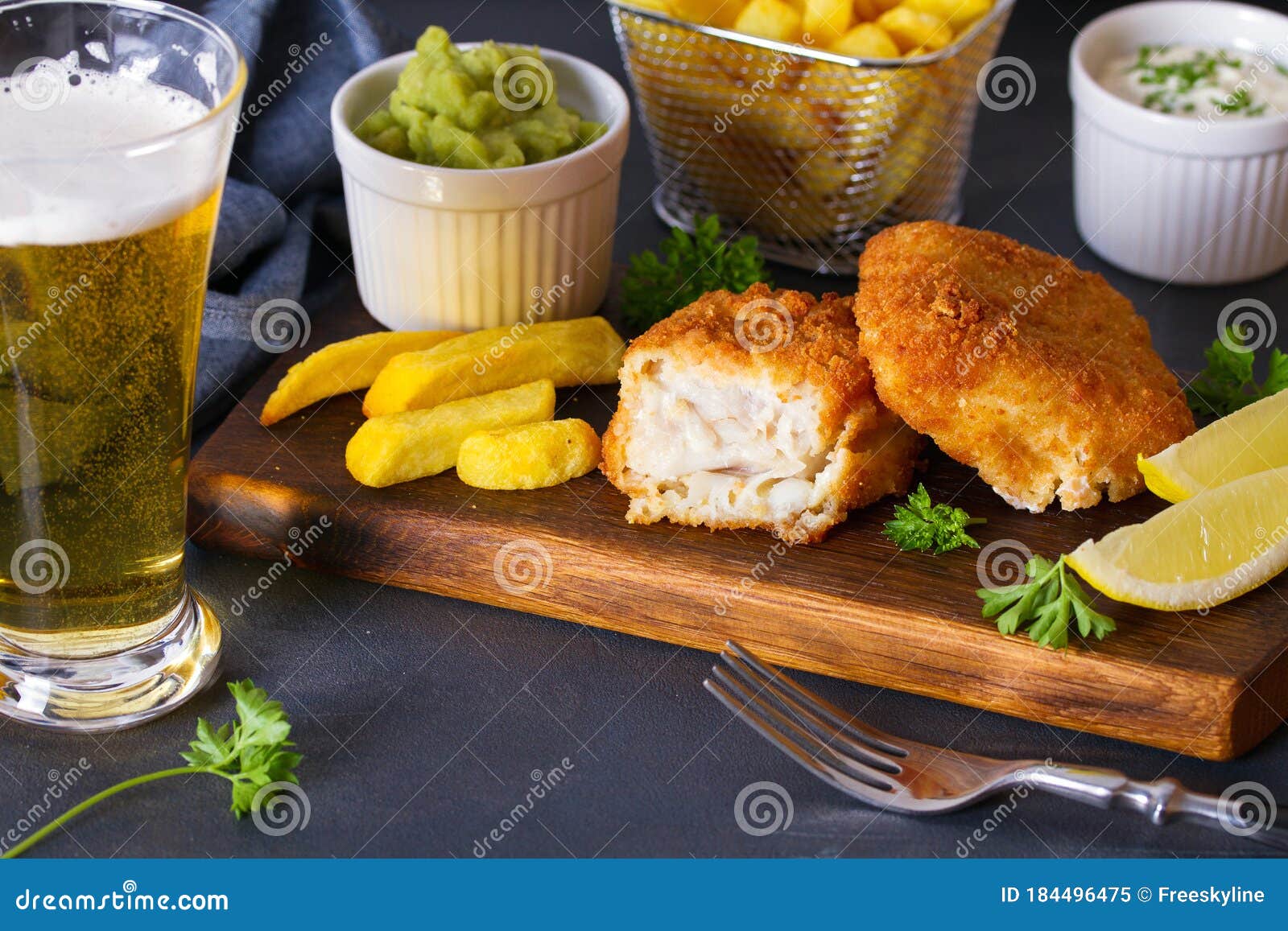 Traditional Fish and Chips with Mushy Peas. Stock Image - Image of peas ...