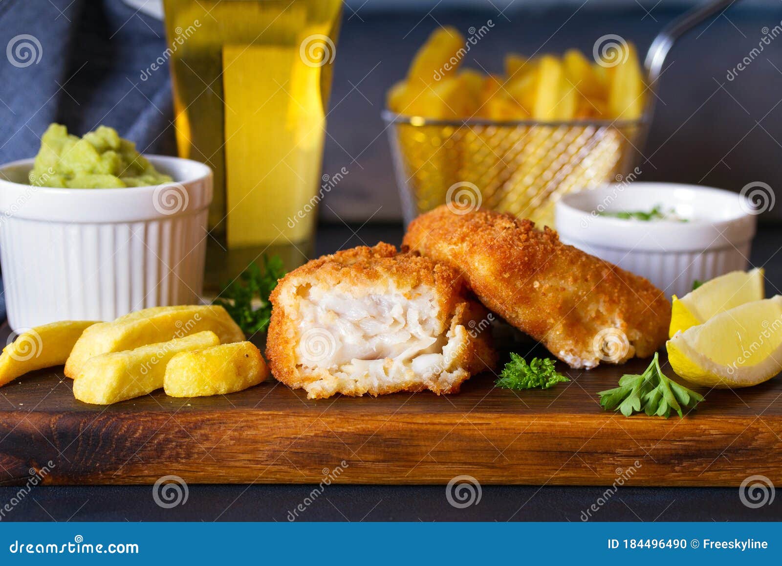 Traditional Fish and Chips with Mushy Peas. Stock Photo - Image of ...