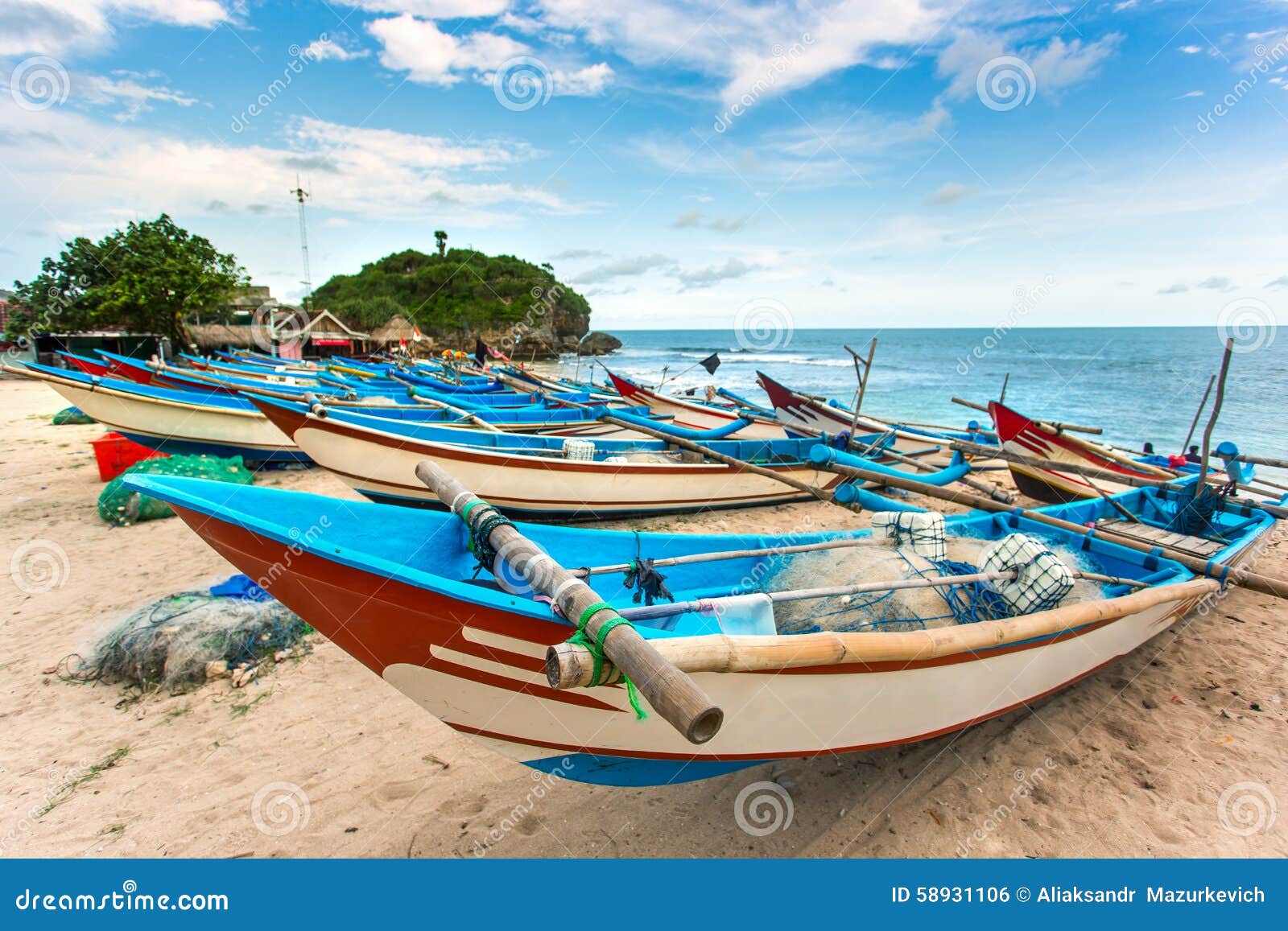 Traditional Fishing Boats on Drini Beach on Java Stock Photo - Image of ...