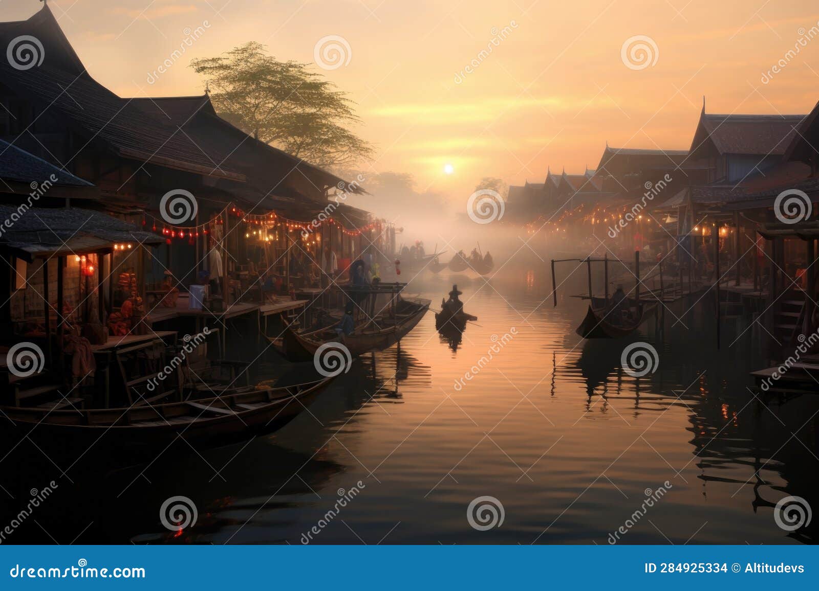 Traditional Floating Market at Dawn with Soft-focus Background Stock ...