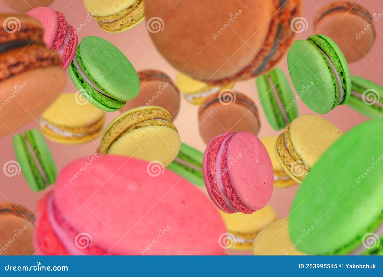 Macarons falling down. stock image. Image of colourful - 253995545