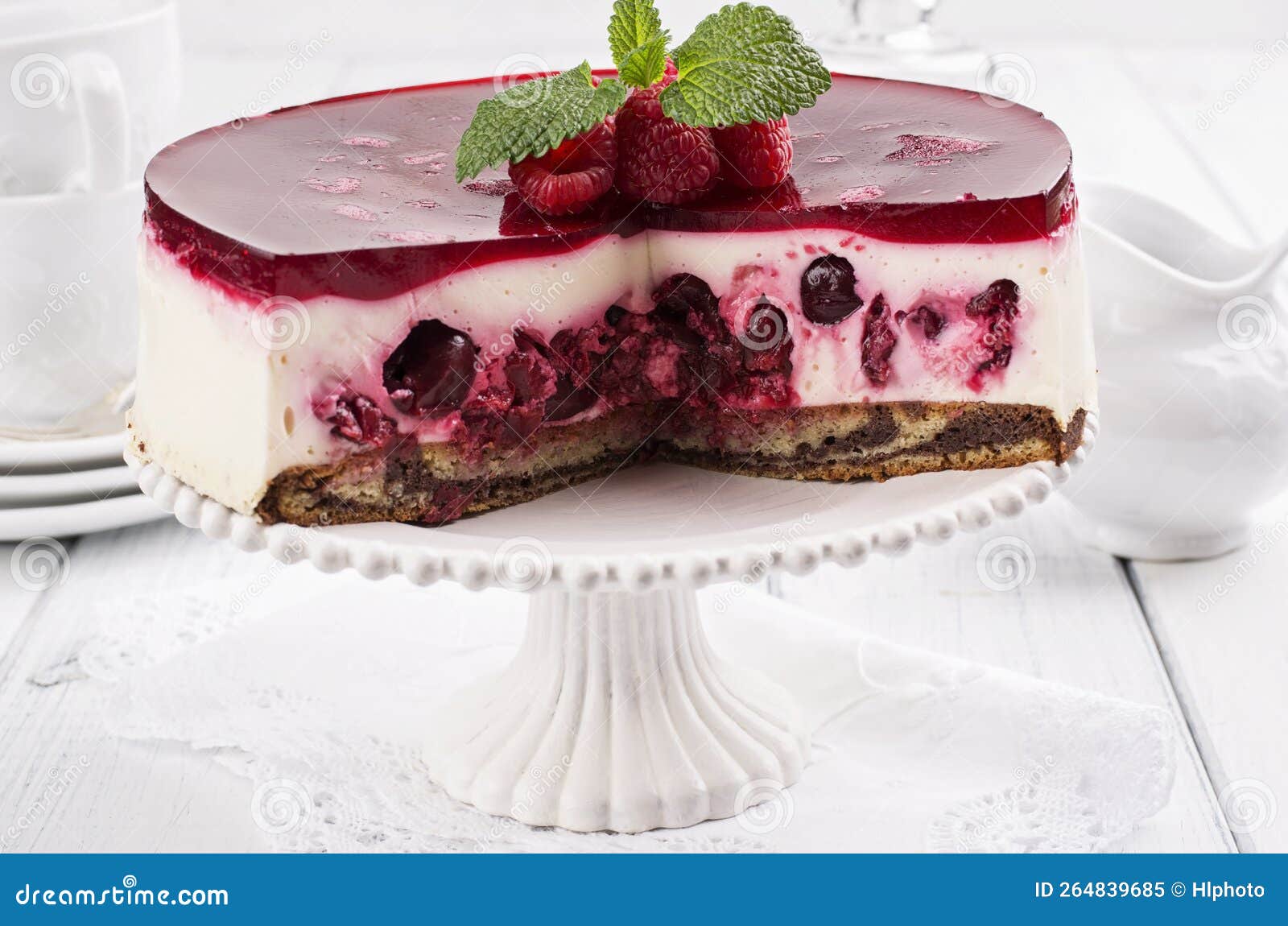 Traditional German Cheesecake with Cherry and Raspberry on a Cake Plate ...