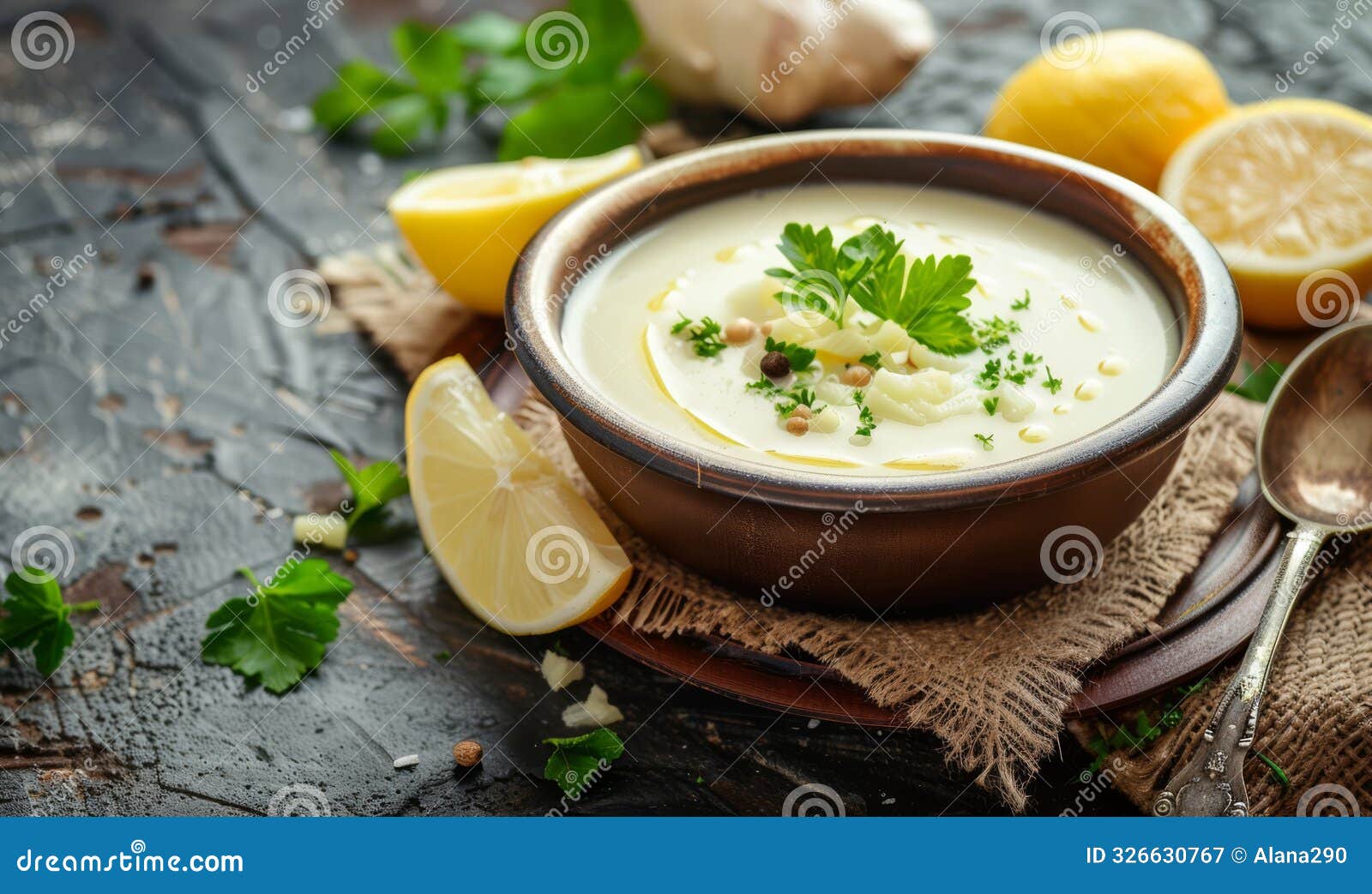 Traditional Greek Lemon Soup Avgolemono on Rustic Background Stock ...