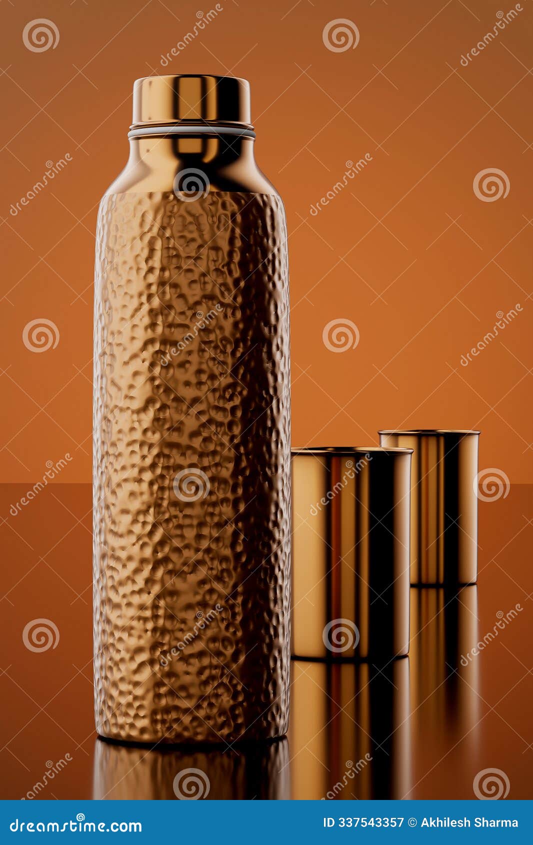 Traditional Hammered Copper Bottle and Glass - 3D Illustration Render ...