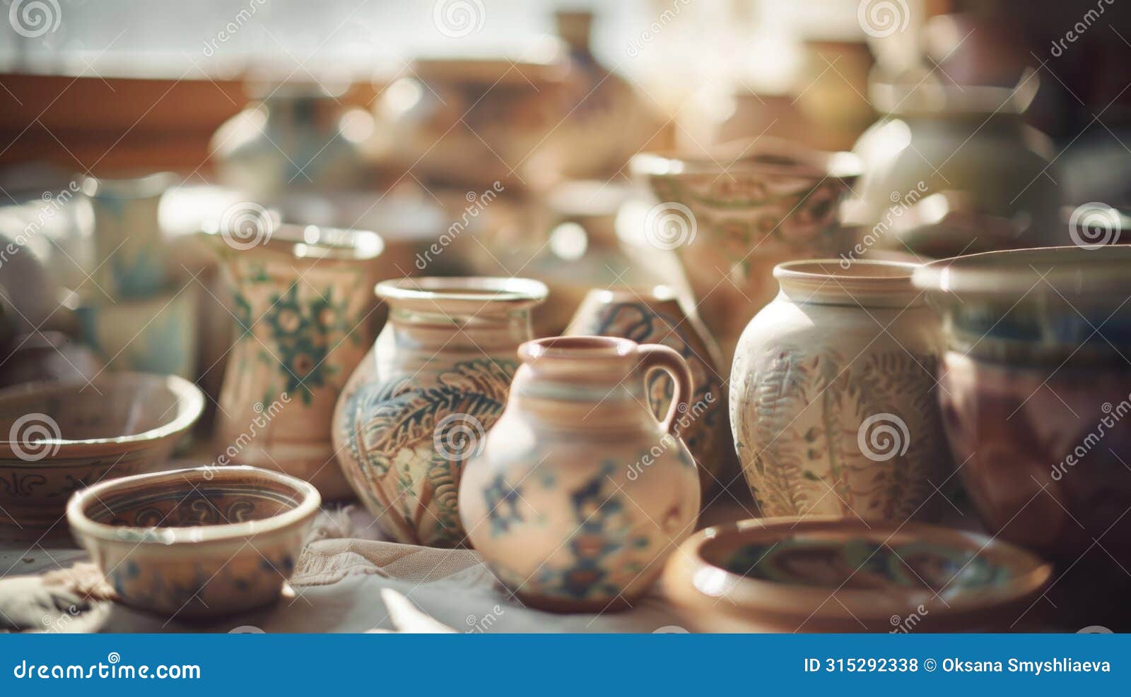 Traditional Hand-Painted Ceramic Pottery Collection in Sunlit Workshop ...
