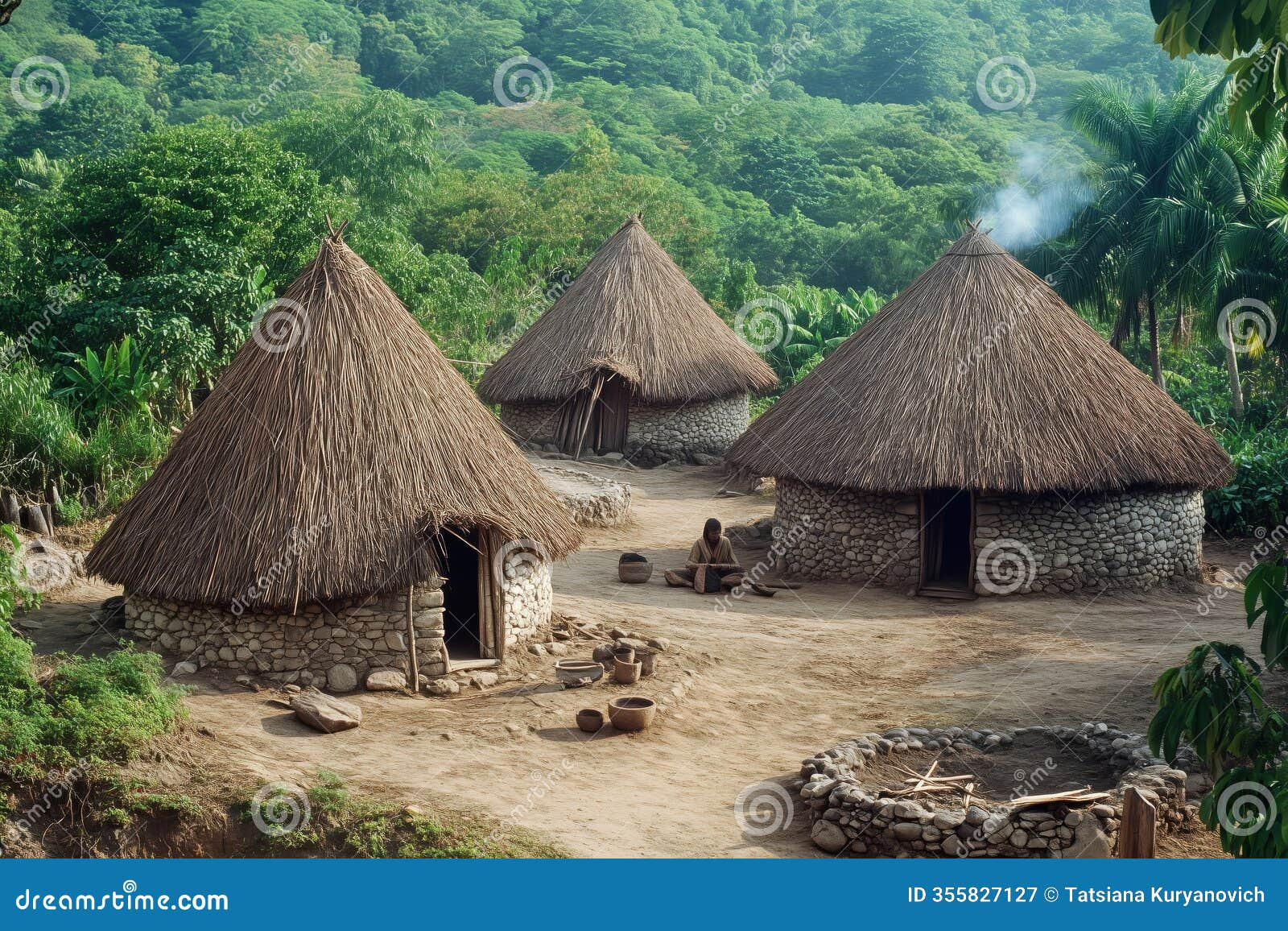Traditional Huts in Lush Green Landscape, Stone and Thatch Structures ...