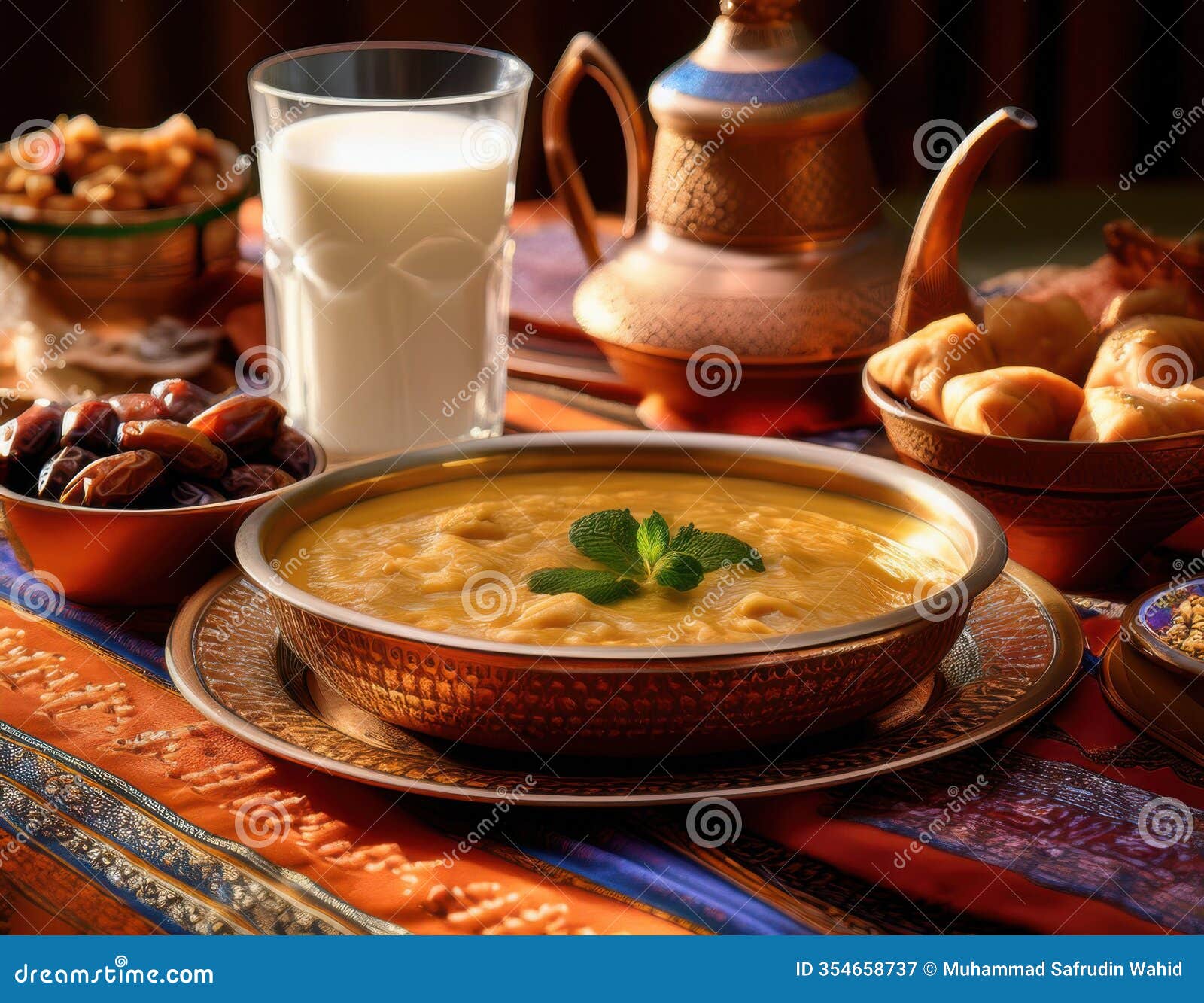 A Traditional Iftar Table Set with Dates, Milk, Samosas, Lentil Soup ...