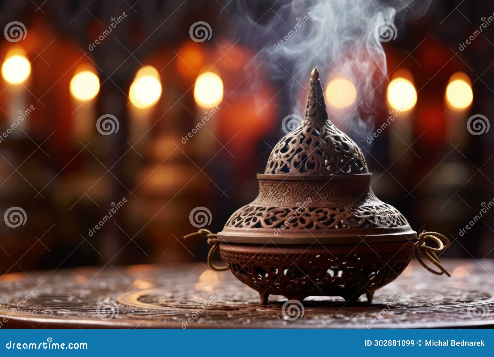Traditional Incense Burner with Smoke on Decorative Table Stock Image ...