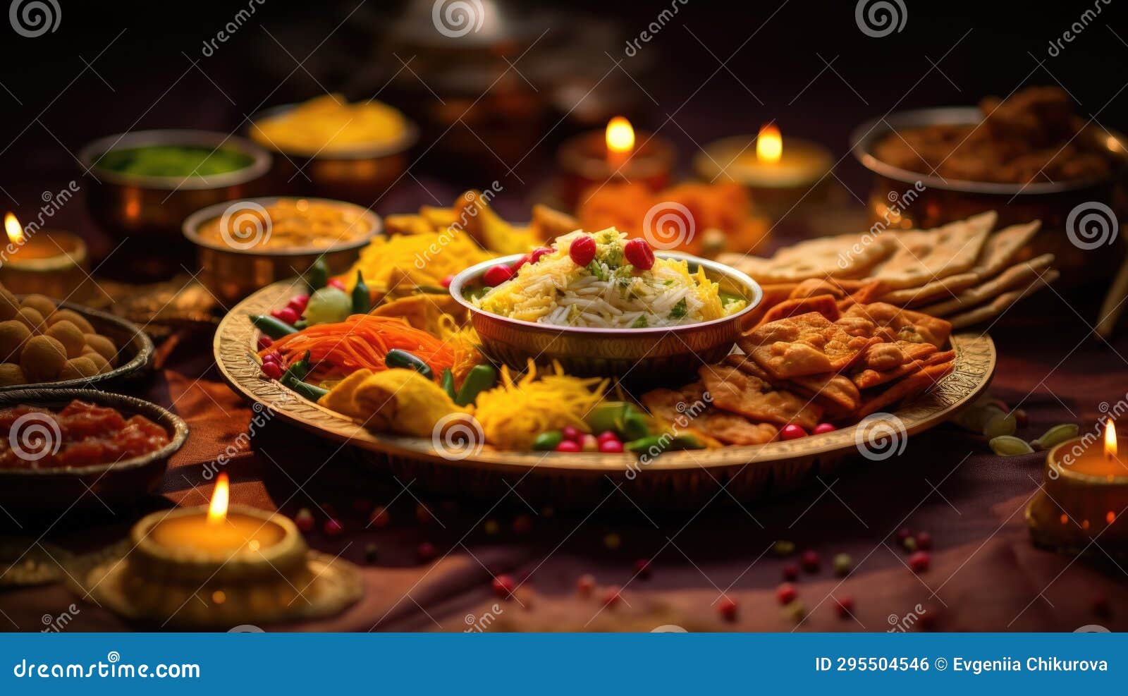 Traditional Indian Food in Large Plate on Table with Diyas Stock Photo ...