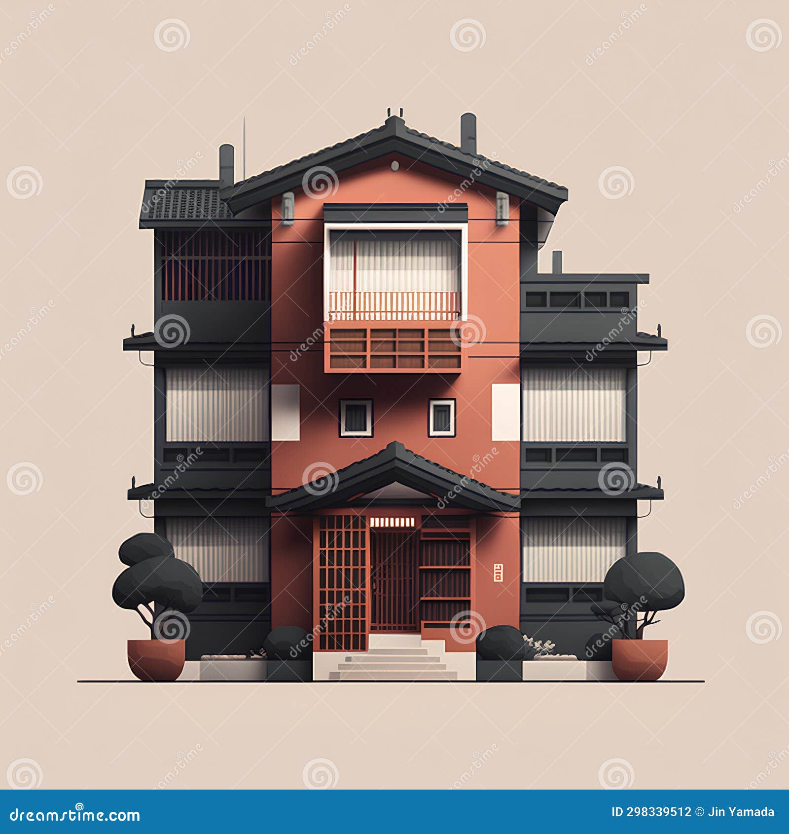 Traditional Japanese House with Windows and Balconies. Vector ...