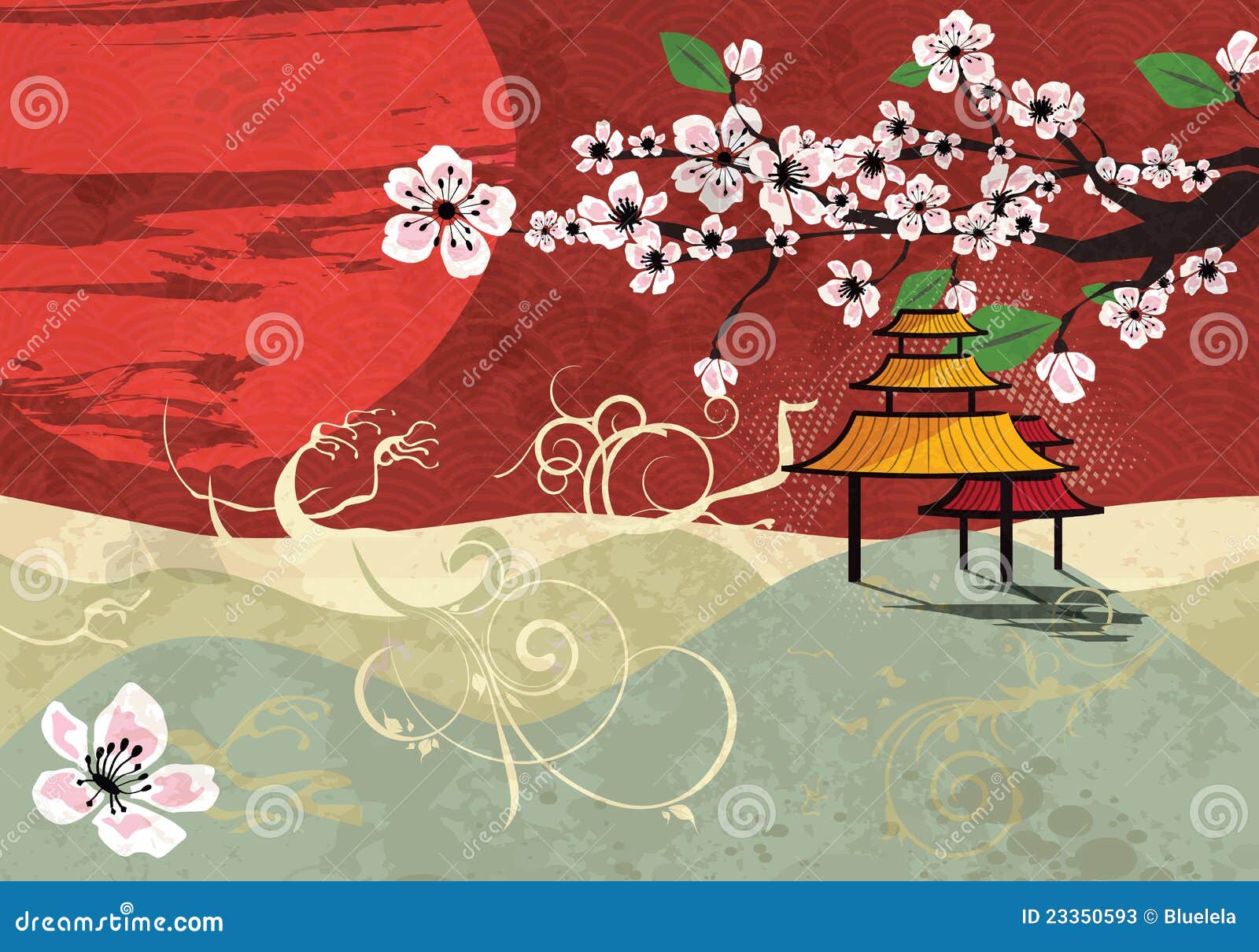 Japanese Landscape With Mount Fuji And Rising Sun Cartoon Vector ...