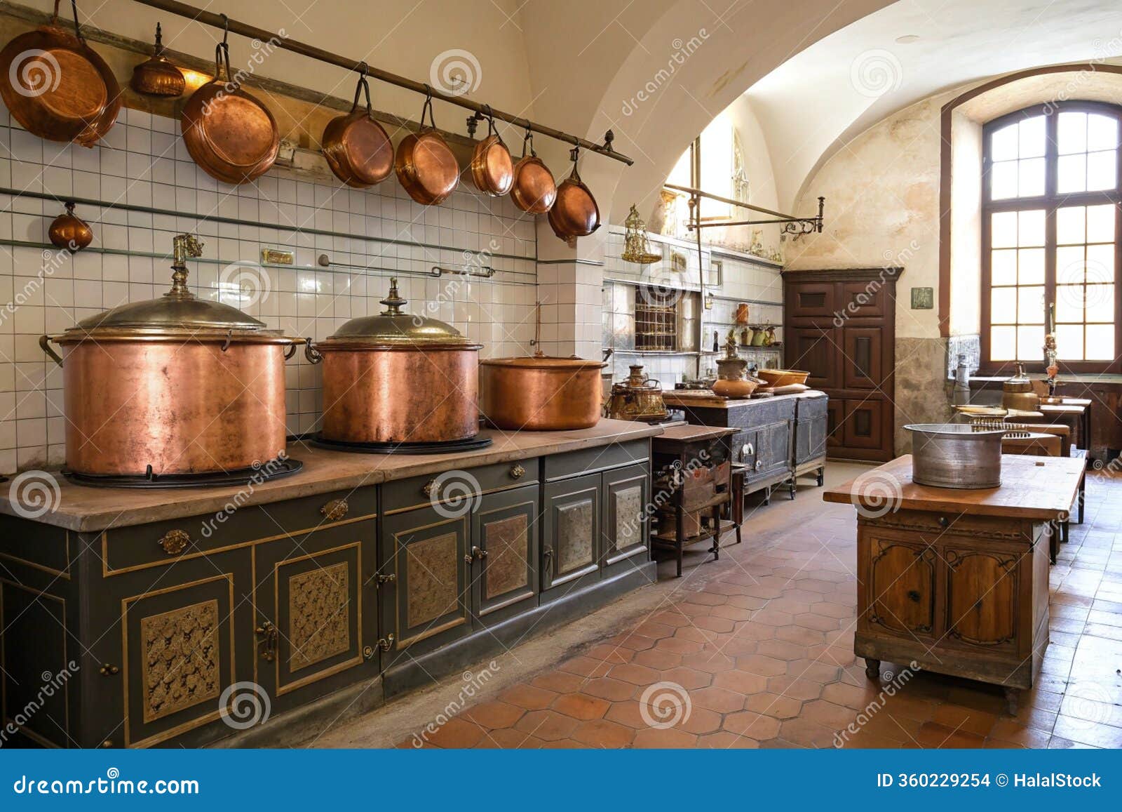 Traditional Kitchen with Copper and Messing Vats Stock Illustration ...