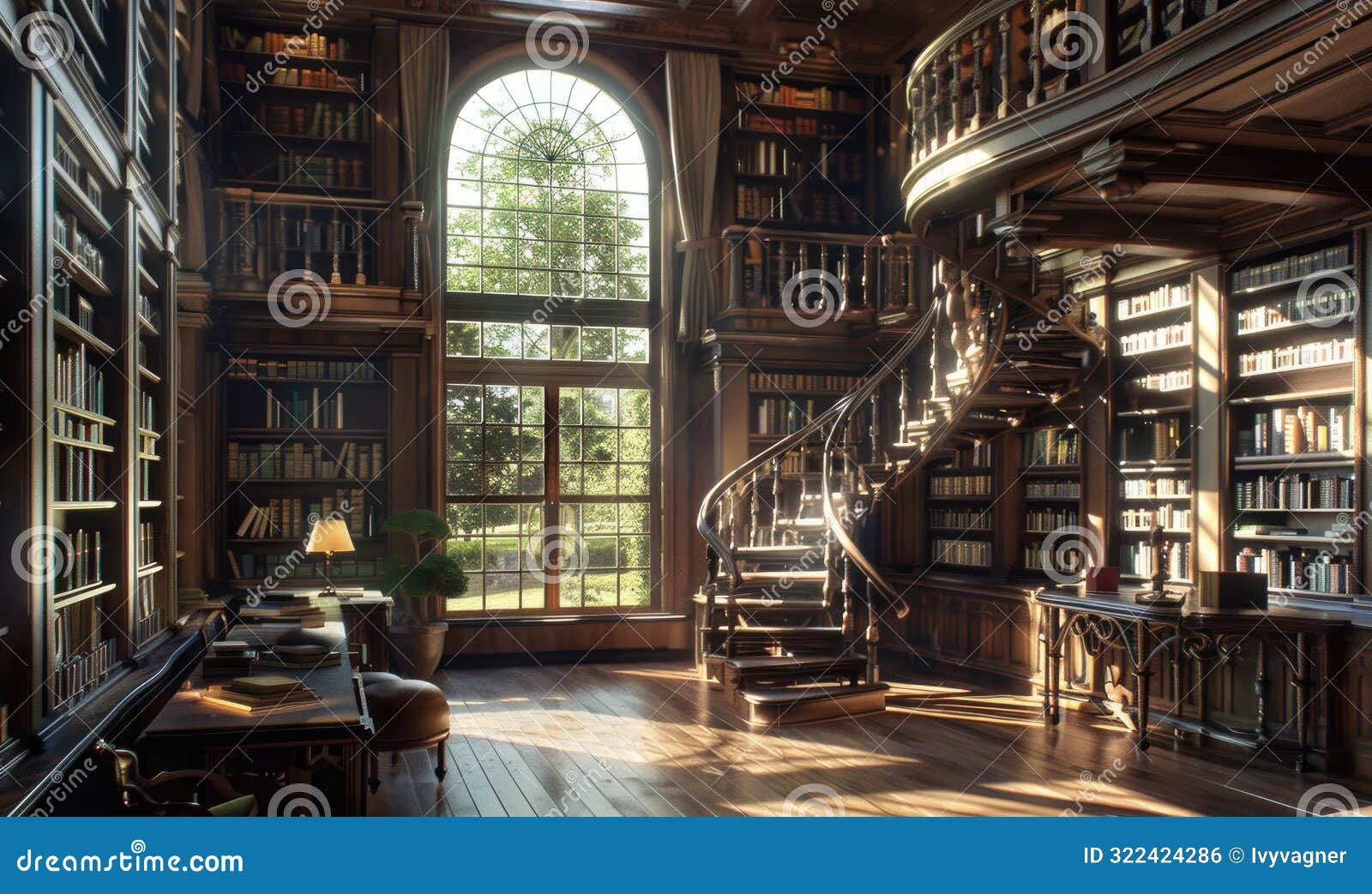 Traditional Library Setting with a Spiral Staircase Stock Photo - Image ...