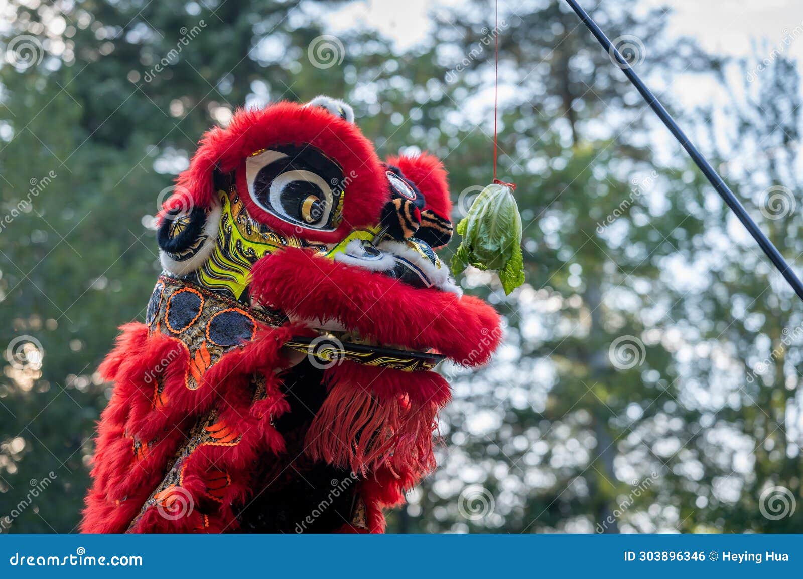 Traditional Lion Dance Close Up Of Red Lion Mask Celebration In