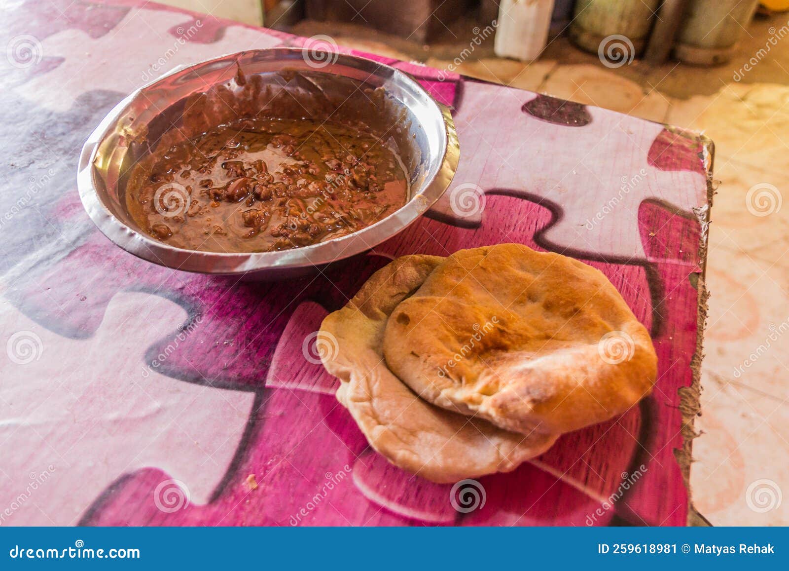 Traditional Meal In Sudan Fuul Stew Of Cooked Fava Beans And Brea