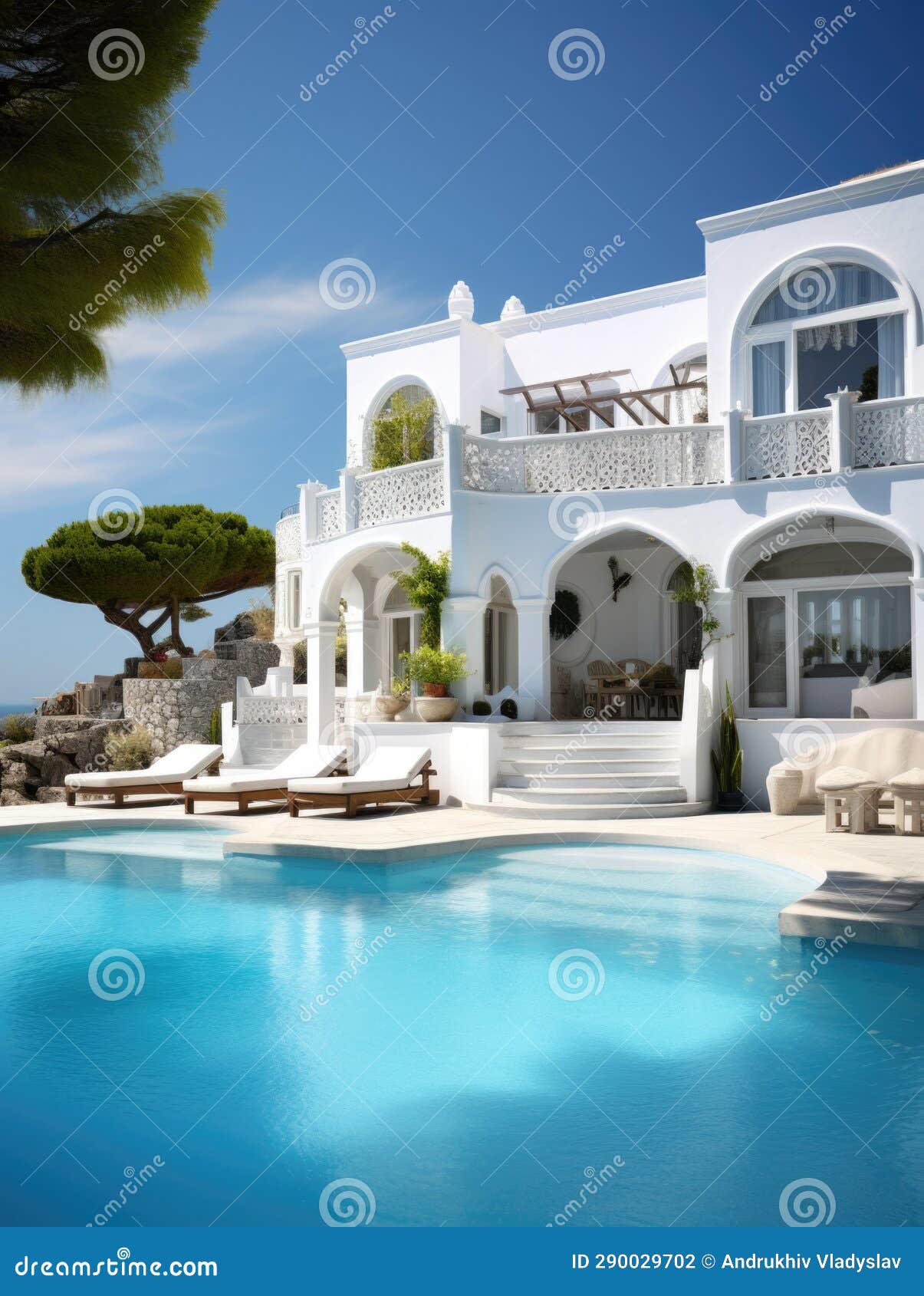 Traditional Mediterranean White House with Pool Stock Illustration ...