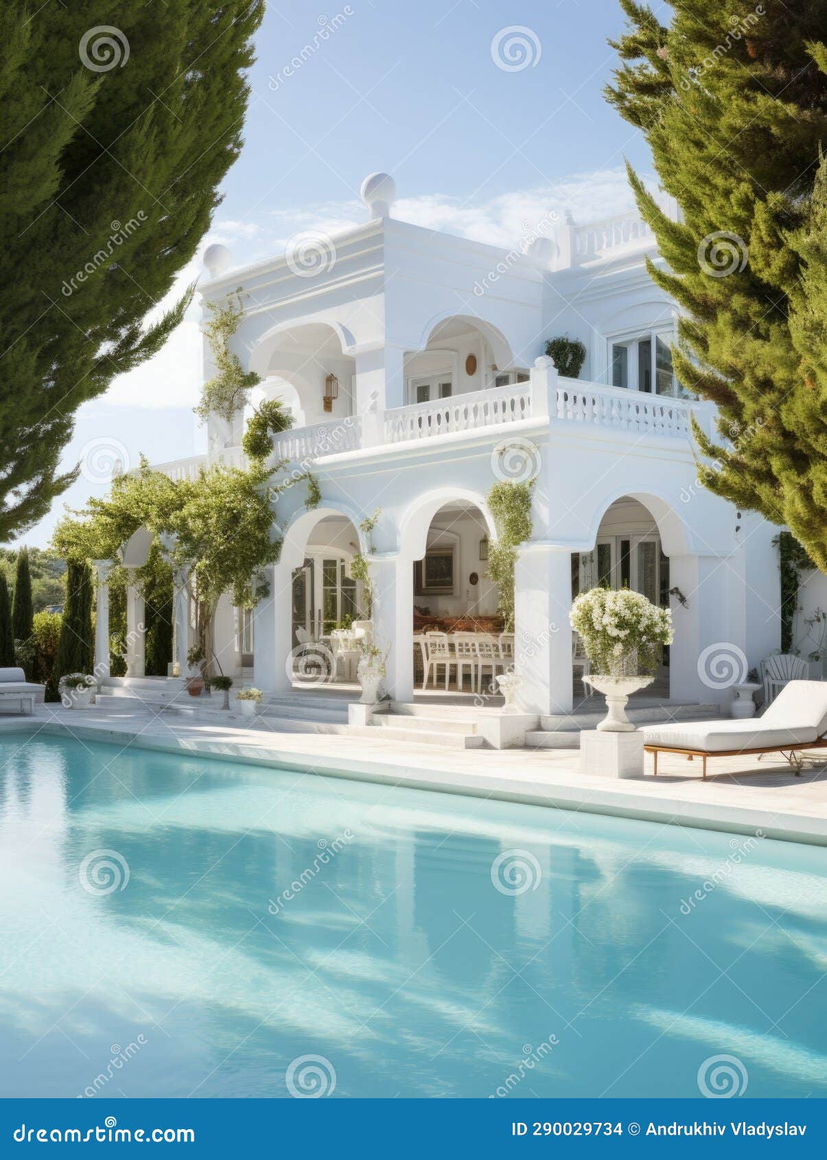 Traditional Mediterranean White House with Pool Stock Illustration ...