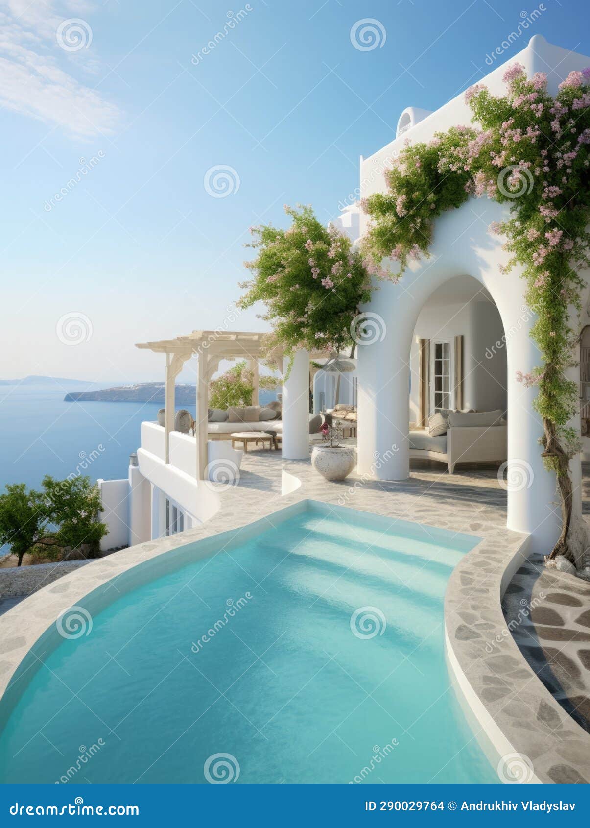 Traditional Mediterranean White House with Pool Stock Illustration ...