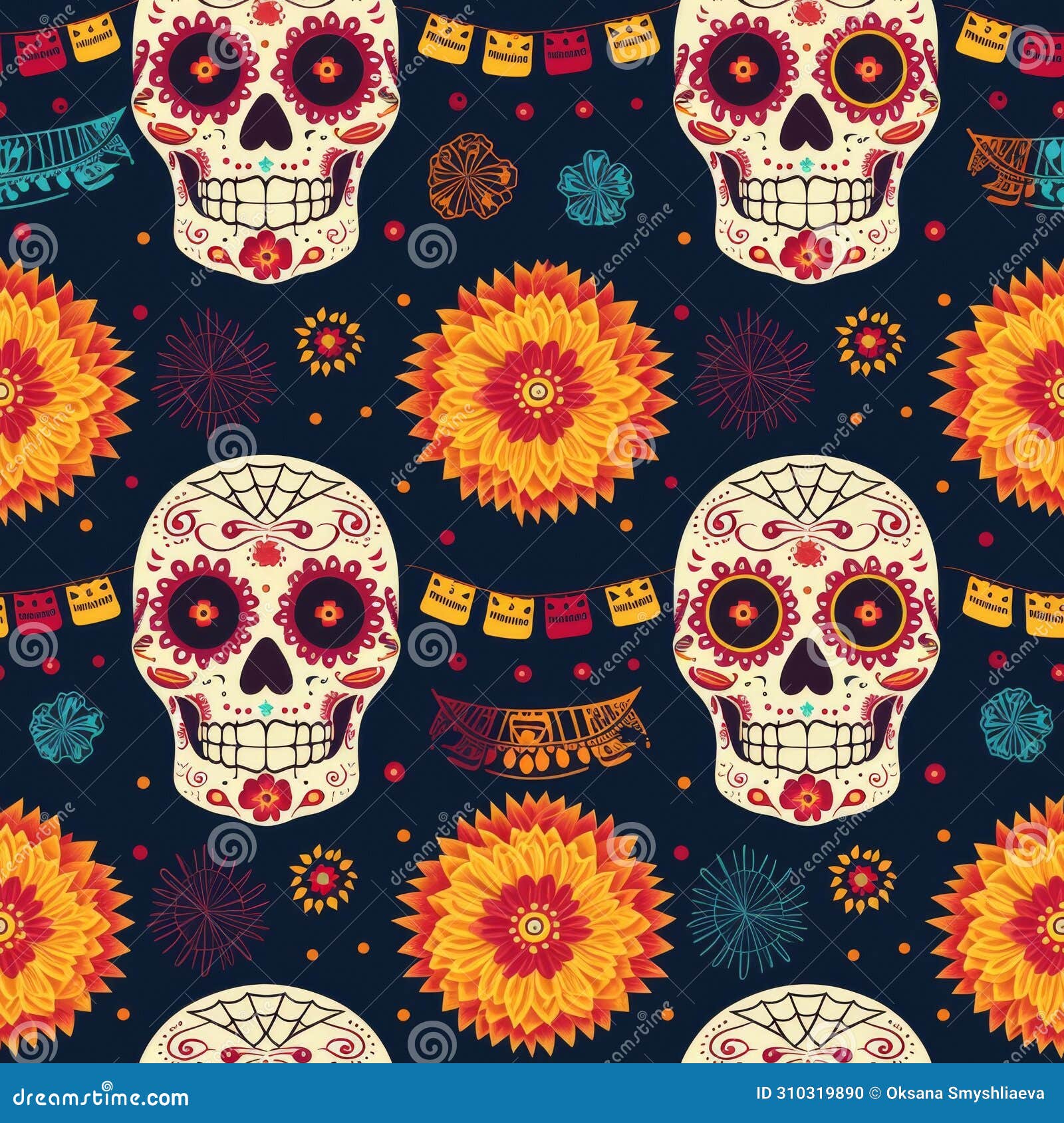 Traditional Mexican Calaveras and Marigolds Night Pattern Stock Photo ...