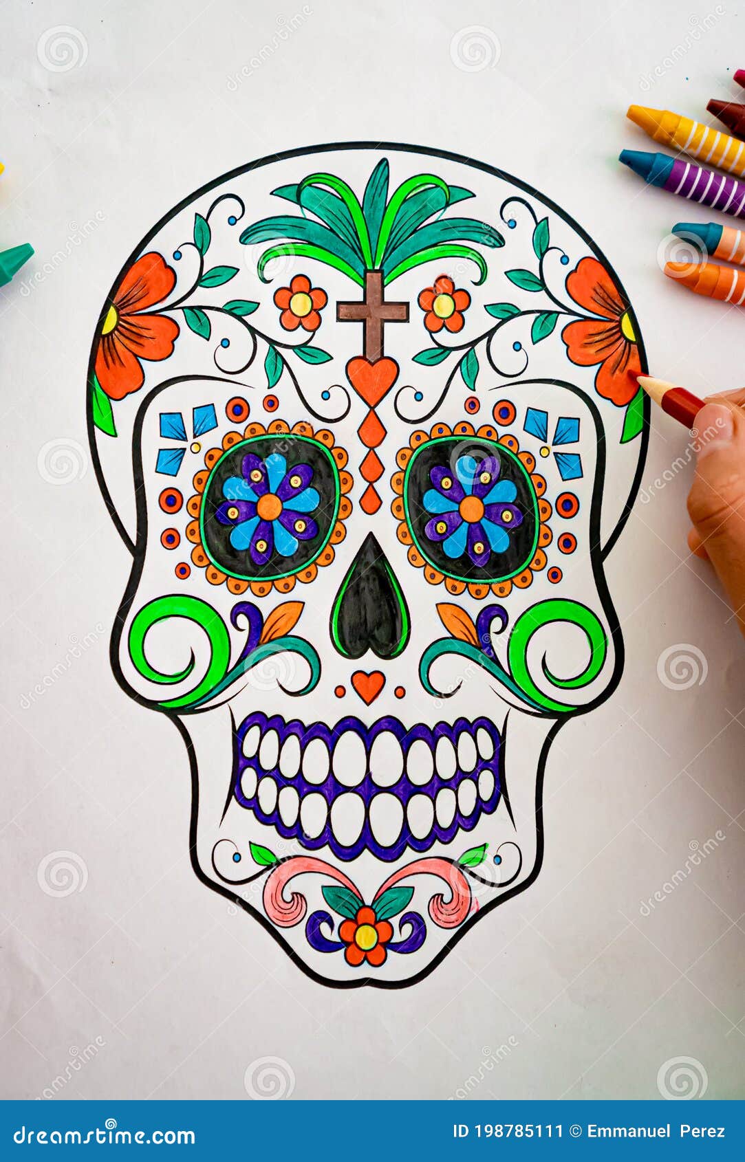 Traditional Mexican Drawing of a Day of the Dead Skull on a Table Stock ...