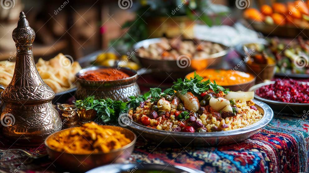 A Traditional Middle Eastern Feast with Various Dishes Stock ...