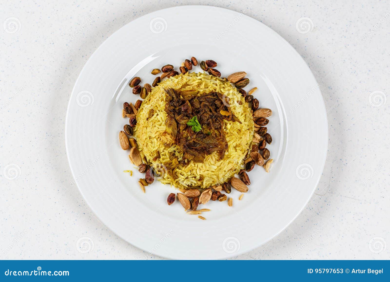 Traditional Middle Eastern Fish and Fried Rice Dish with Fried Pine ...