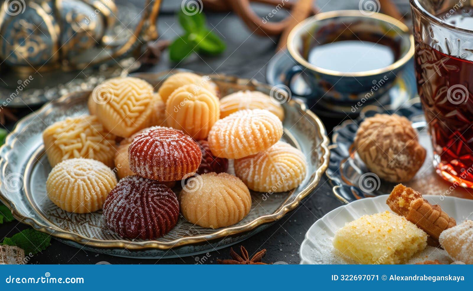 Traditional Middle Eastern Sweets And Tea On Decorated Table Stock ...