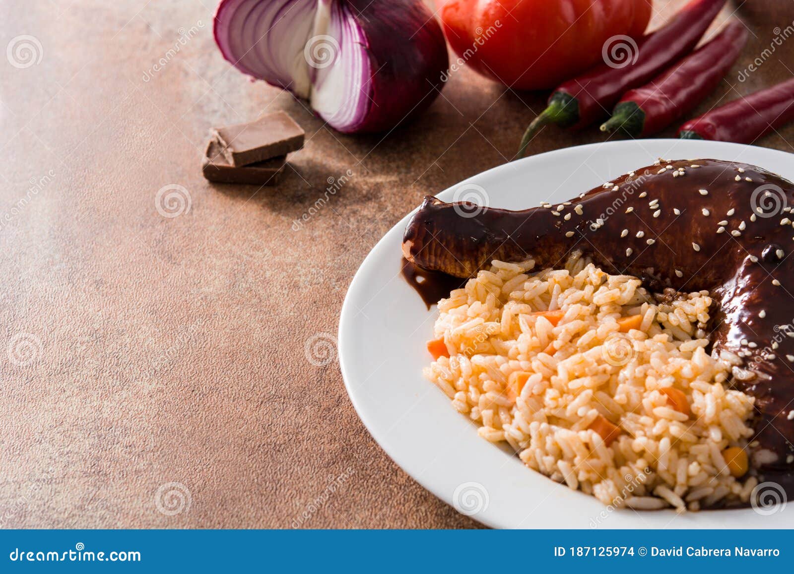 Traditional Mole Poblano with Rice Stock Photo - Image of plate, lunch ...
