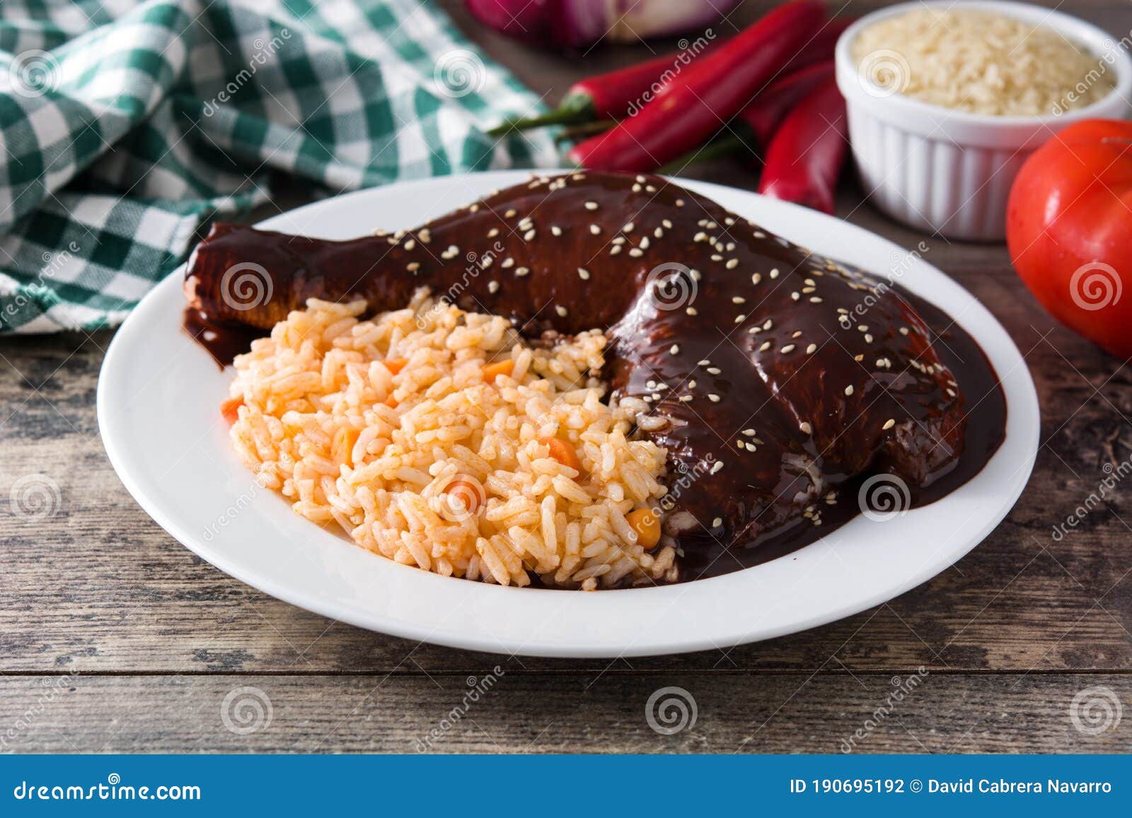Traditional Mole Poblano with Rice in Plate Stock Photo - Image of ...