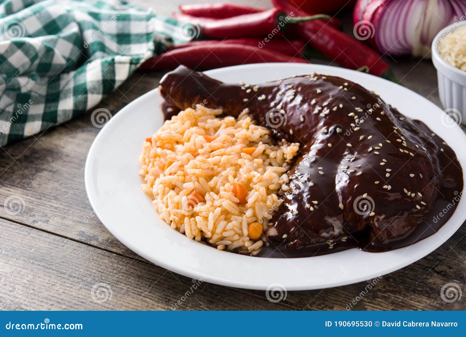 Traditional Mole Poblano with Rice in Plate Stock Photo - Image of ...