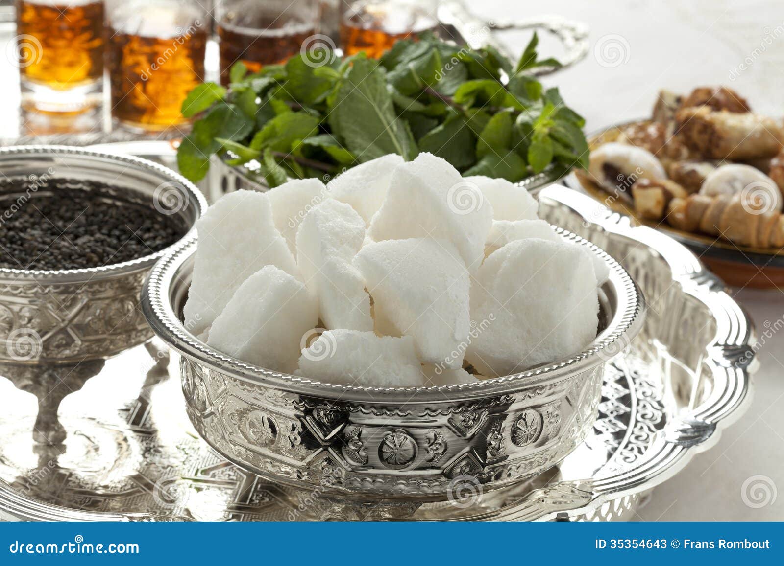 Traditional Moroccan Bowls with Sugar,mint and Tea Stock Image - Image ...