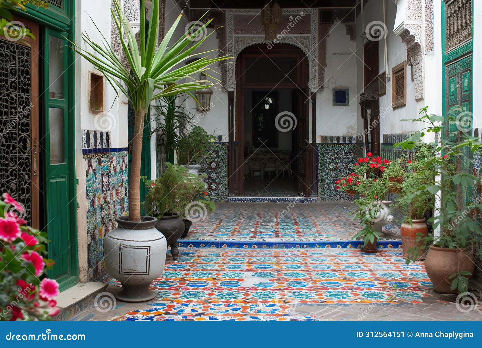 Traditional Moroccan Courtyard with Mosaic Tiles and Tree Stock Image ...