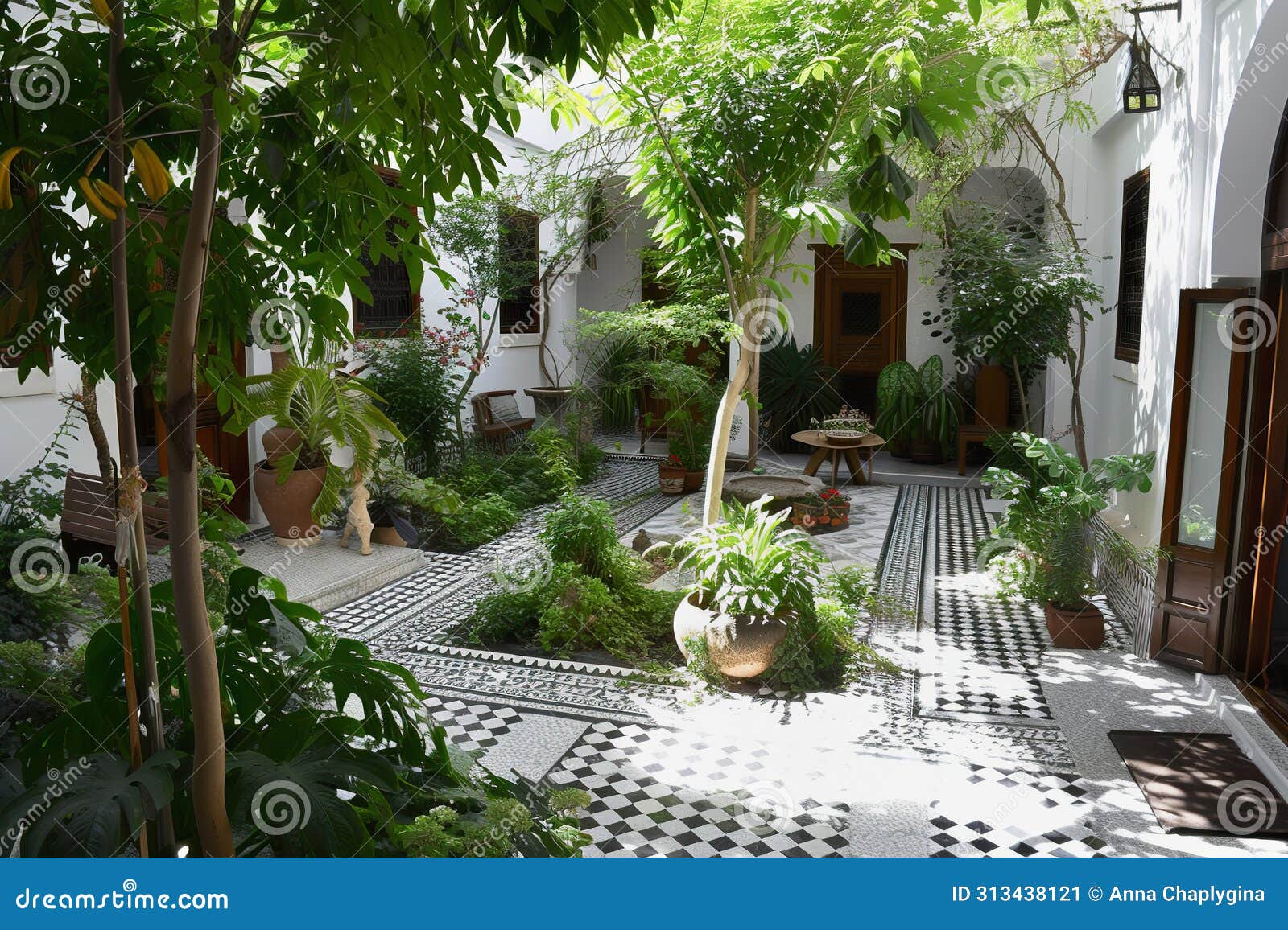 Traditional Moroccan Courtyard with Mosaic Tiles and Tree Stock Image ...