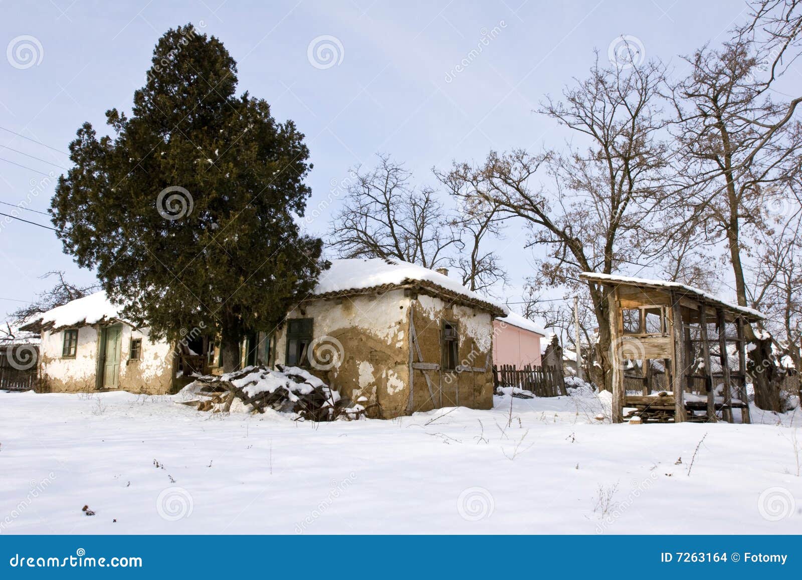 Traditional Mud Built Farmhouse in Winter Stock Photo - Image of ...
