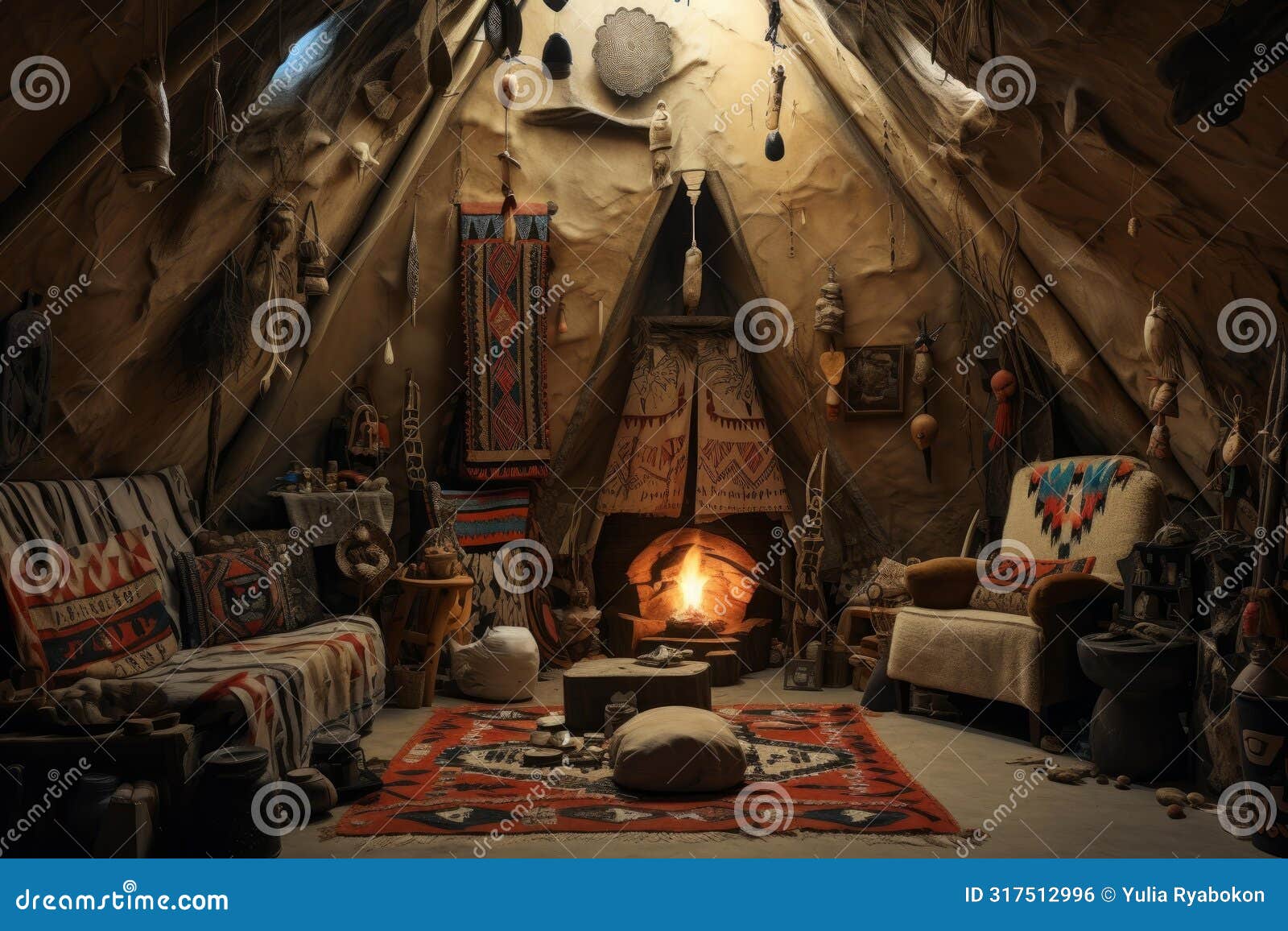 Traditional Native American Teepee Interior With Firepit Royalty-Free ...