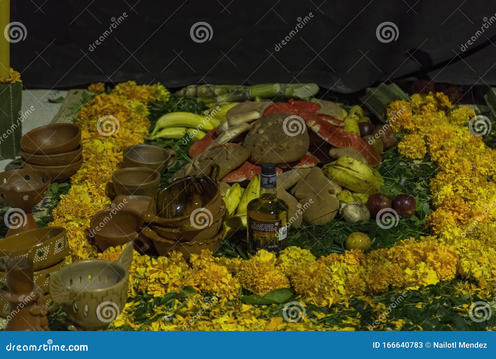 Traditional Offering of Mexico, Clay Objects, Bread, Fruit and Candles ...