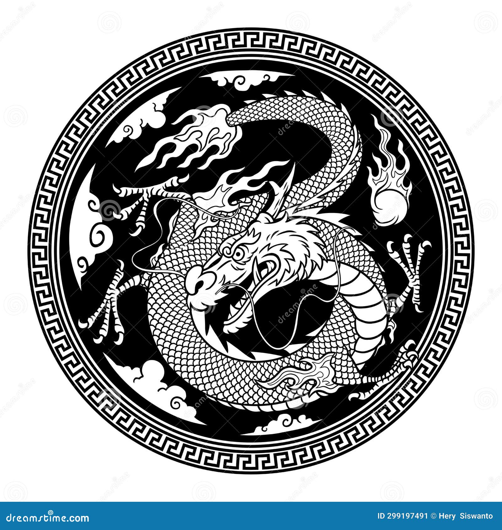 Traditional Oriental Dragon Symbol Hand Drawn in Circle Frame Stock ...