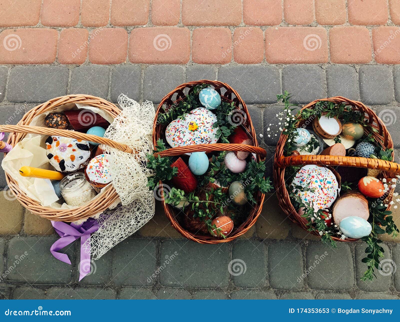 Traditional Orthodox Easter Food for Blessing. Easter Baskets with ...