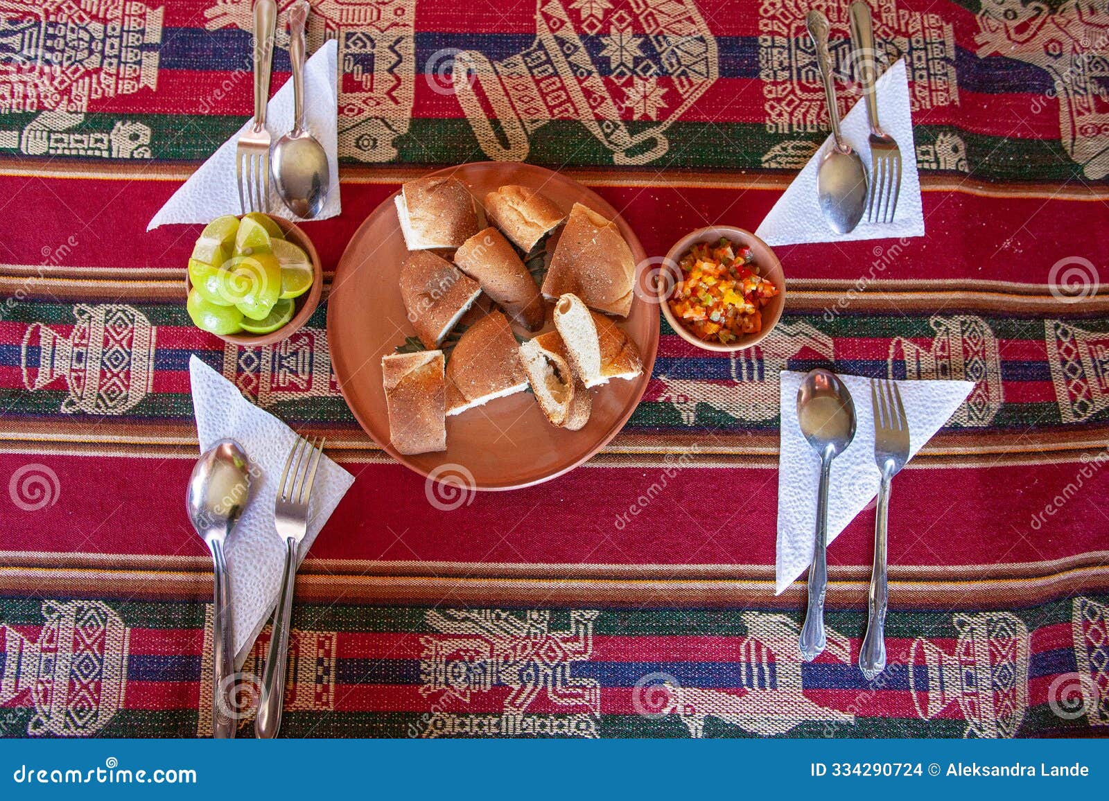 Traditional Peru Dinner, Bread Tortilla and Lime on the Table Stock ...