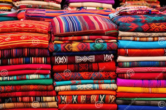 Traditional Peruvian Woven Blankets Stacked Stock Photo - Image of ...