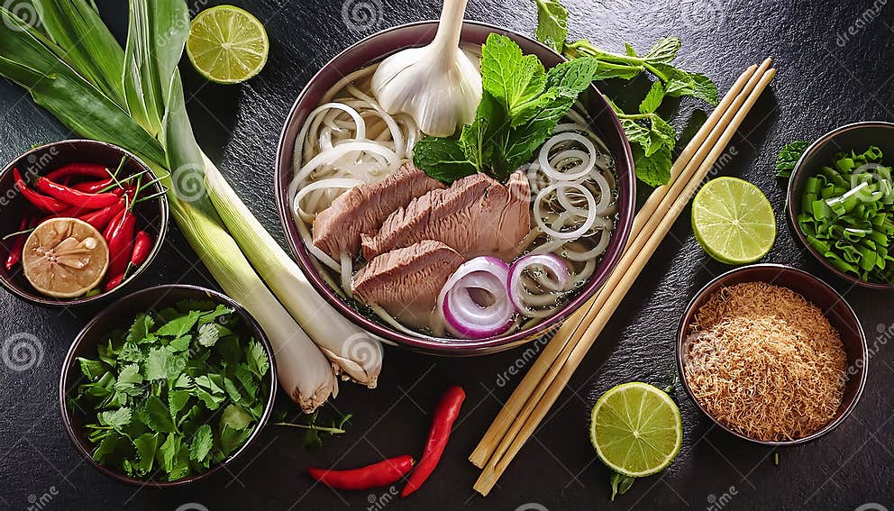 Traditional Pho Bo Preparation with Fresh Beef Bones and Herbs on a Dark Surface. Generative AI ...