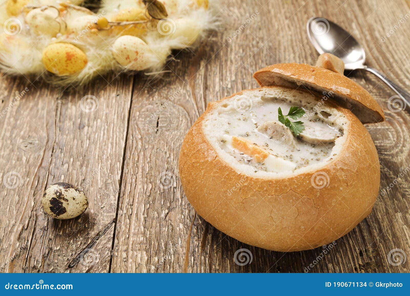 Traditional Polish White Borscht with Eggs and Sausage in Bread Stock ...