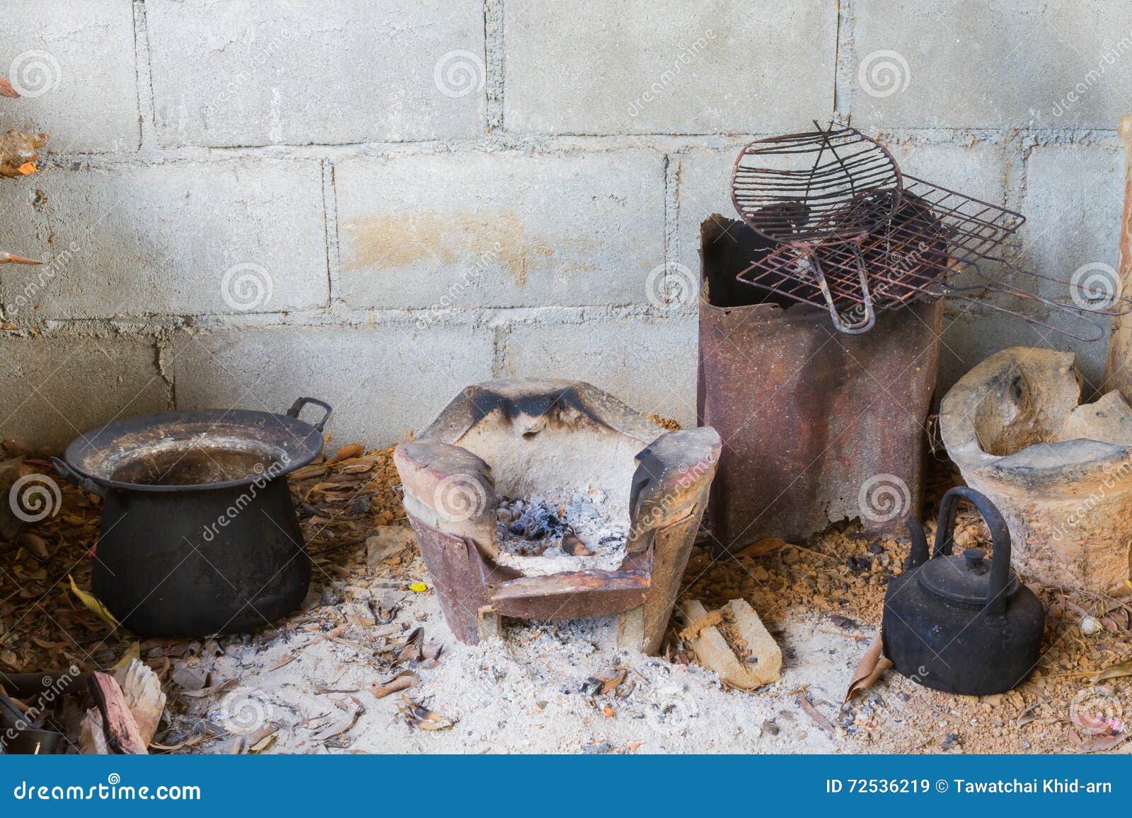 Traditional Poor Thai Kitchen with Old Kitchenware. Stock Image - Image ...
