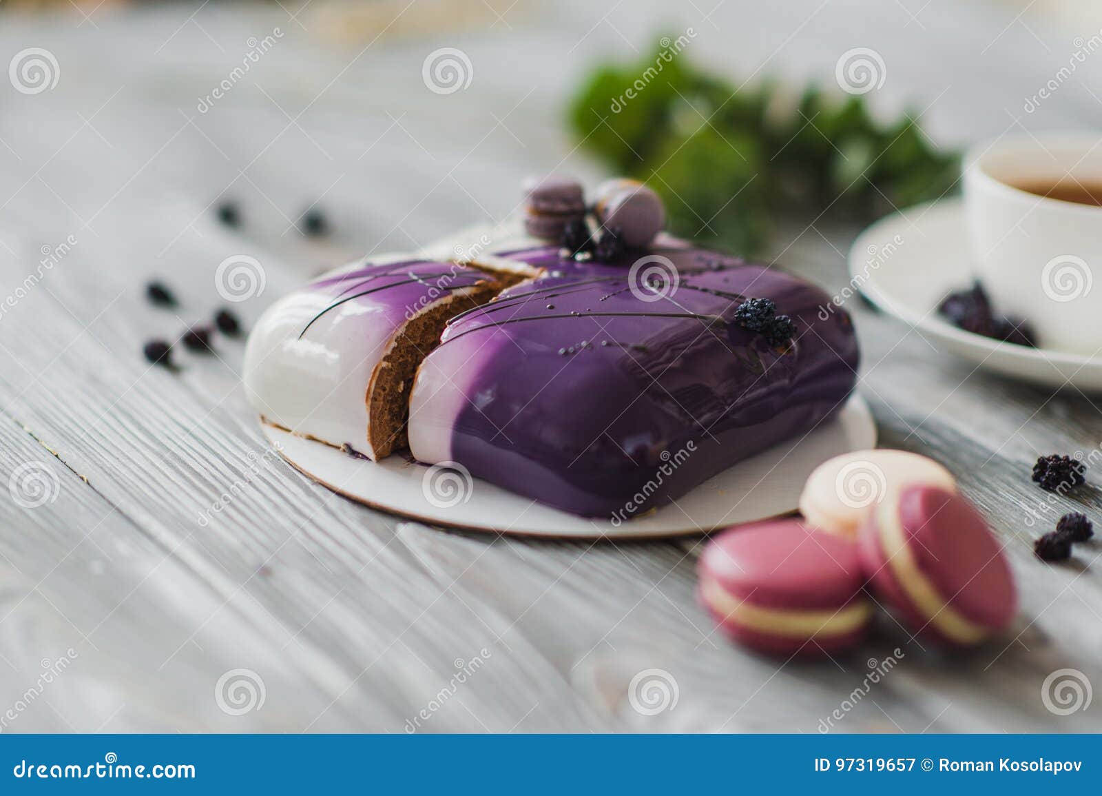 Traditional Purple Berry Cake and Macarons Souffle Dessert and Almond ...