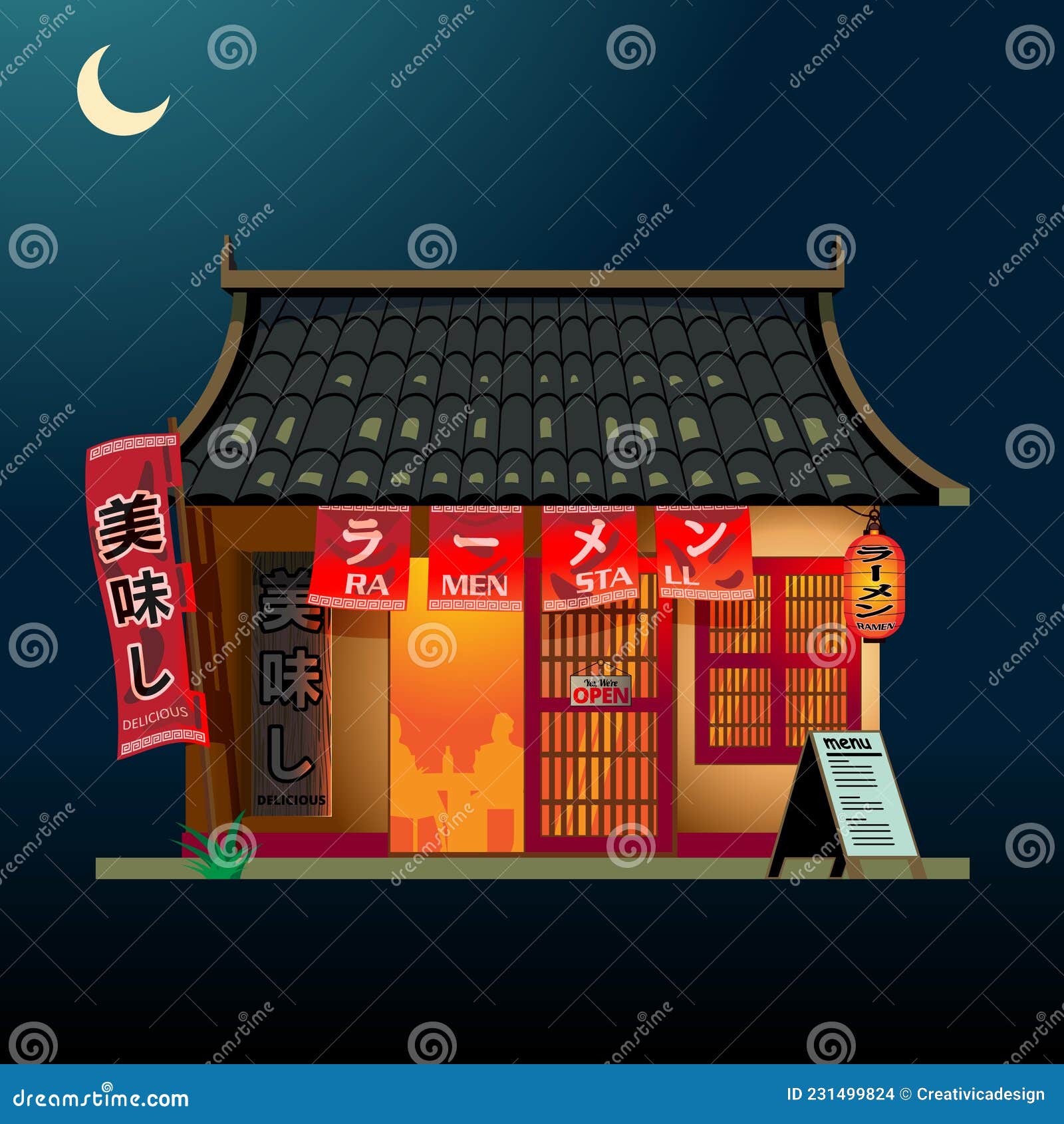 Traditional Ramen Shop at Night Vector Illustration Stock Vector ...