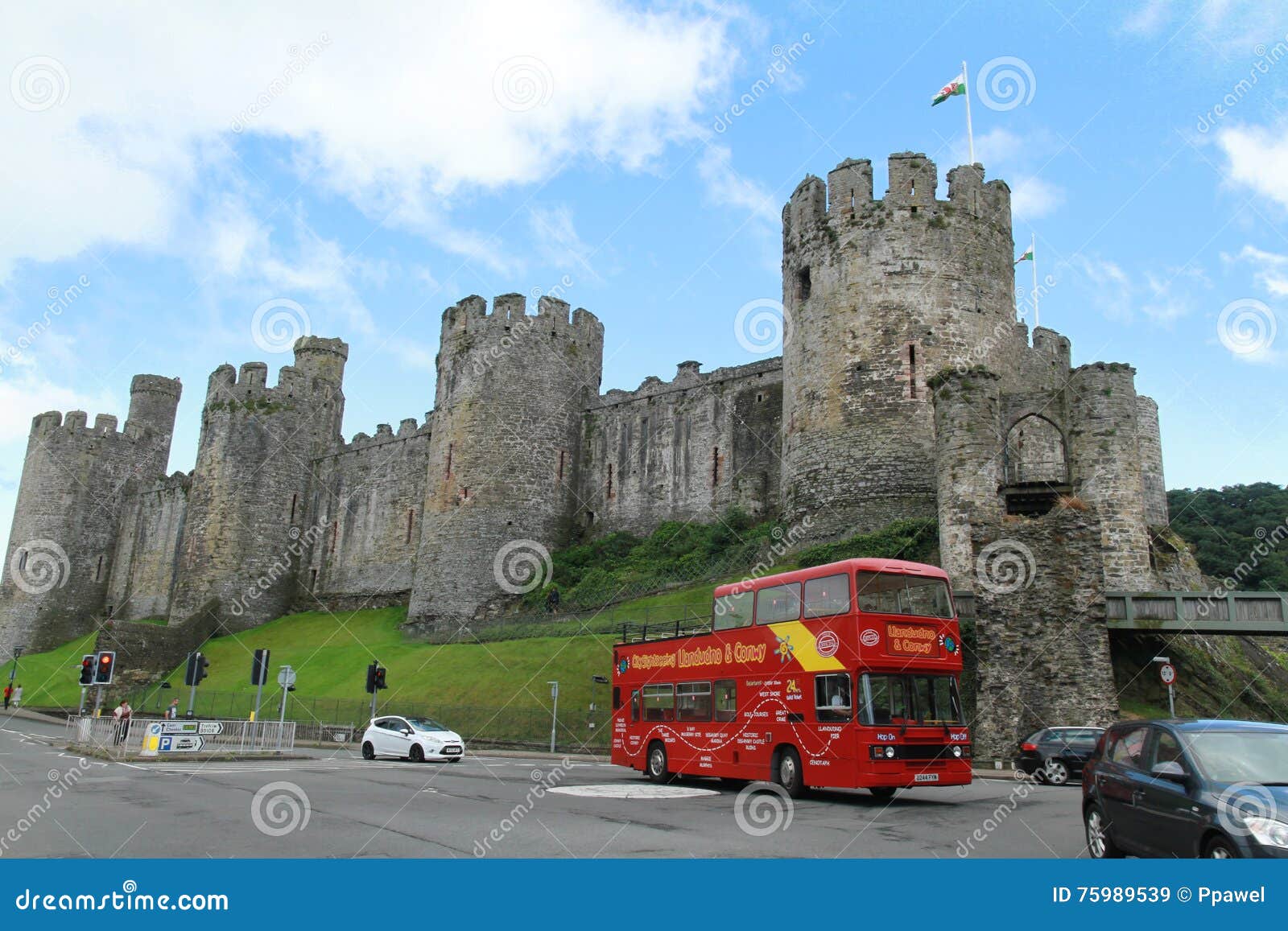 Traditional Red Bus at Conwy Castle Editorial Stock Image - Image of ...
