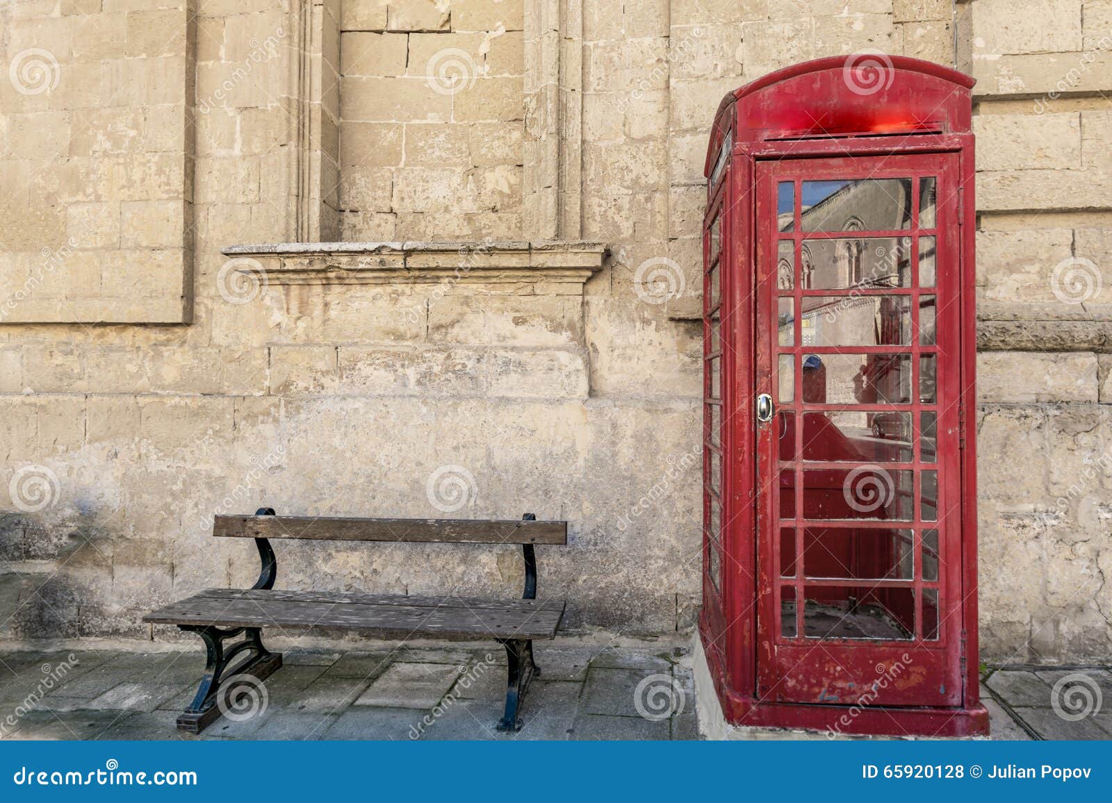 Traditional Red Phone Boot and Wooden Bench Stock Photo - Image of ...