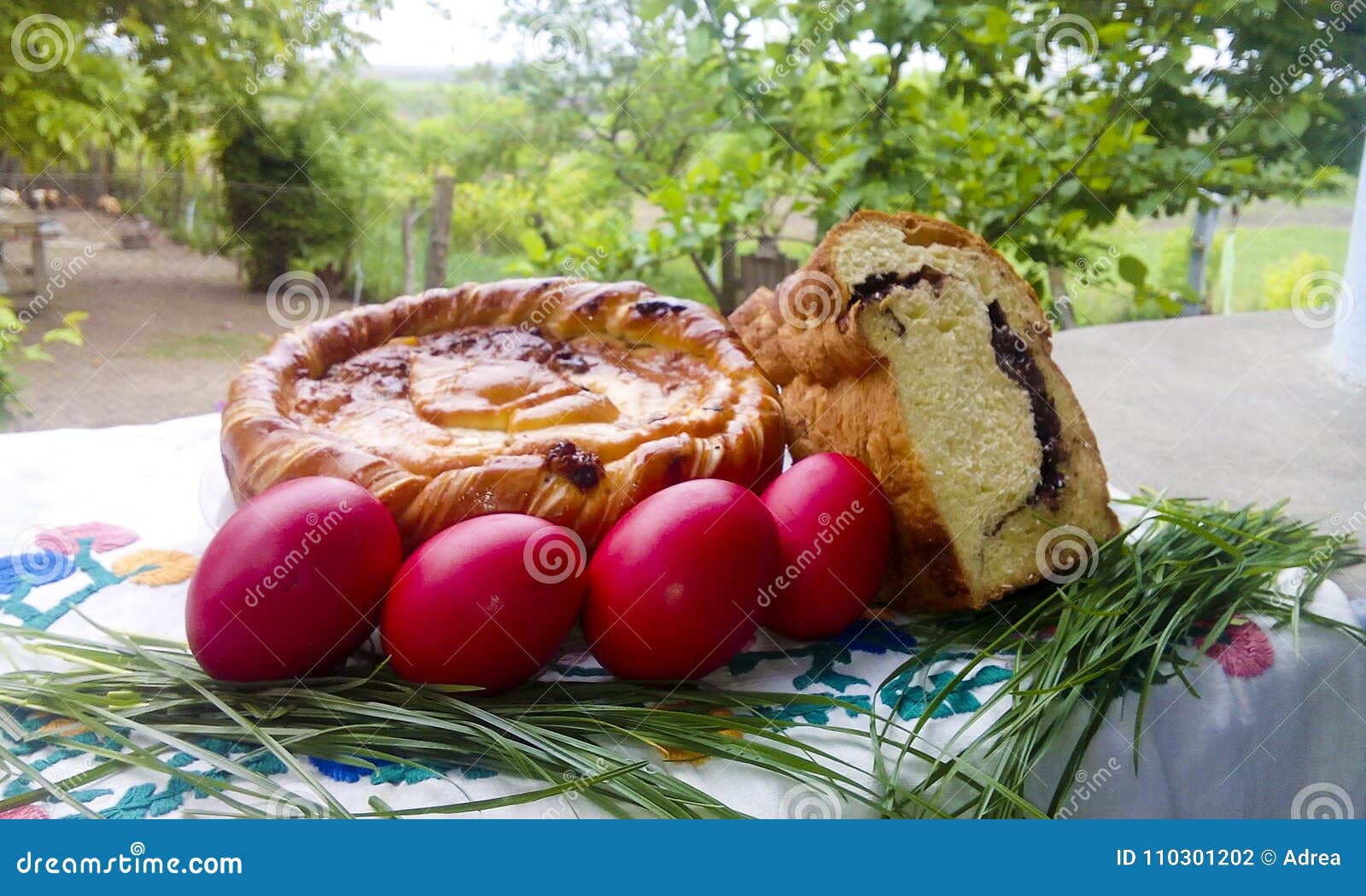 Traditional Romanian Pasca, Sweetbread, and Easter Eggs Stock Photo ...